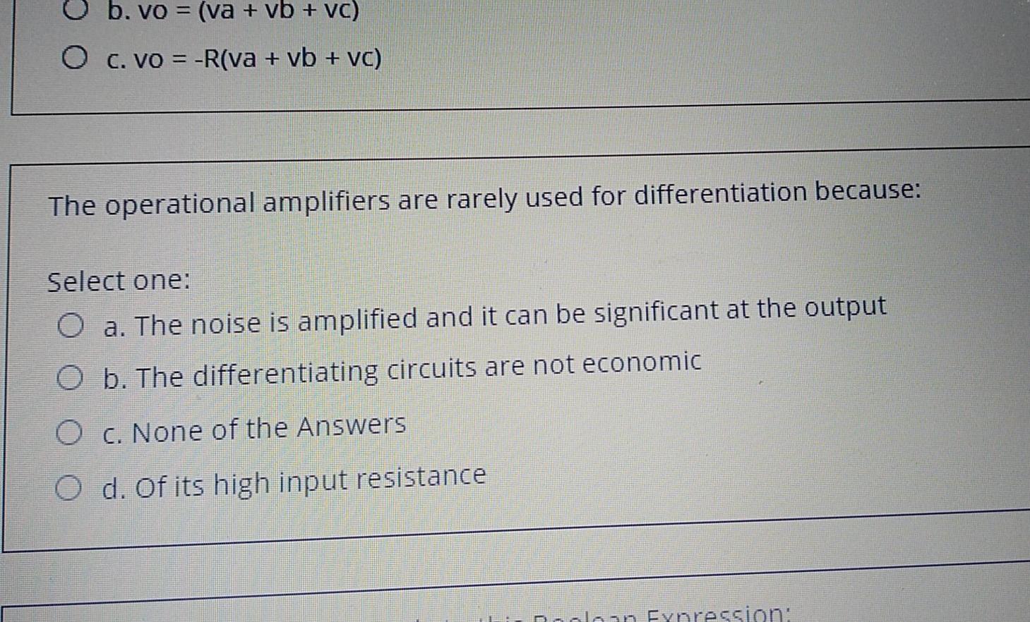 Solved b. Vo = (va + vb + VC) O C. vo = -R(va + vb + vc) The | Chegg.com