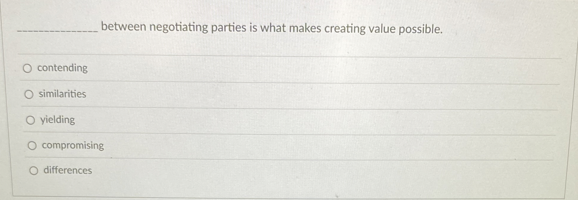 Solved between negotiating parties is what makes creating | Chegg.com
