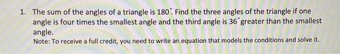 Solved The sum of the angles of a triangle is 180∘. Find the | Chegg.com