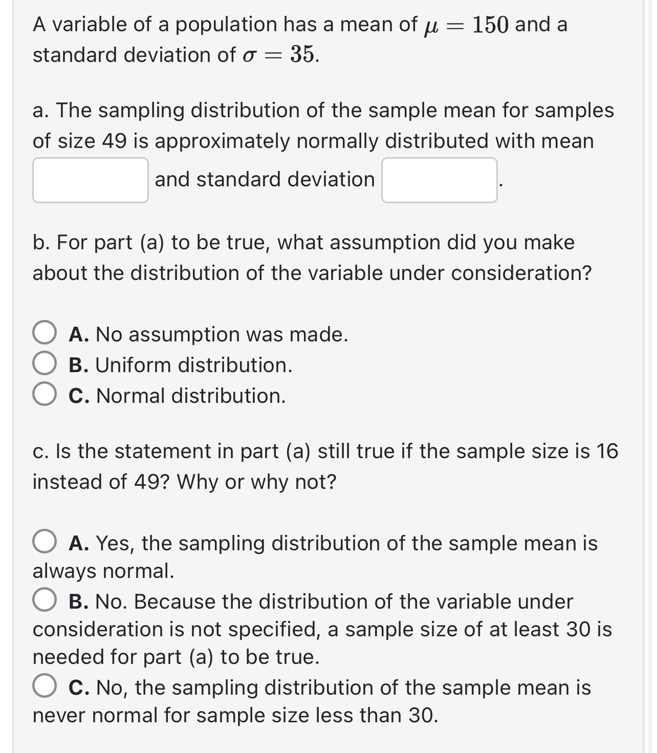 Solved A variable of a population has a mean of μ=150 ﻿and a | Chegg.com