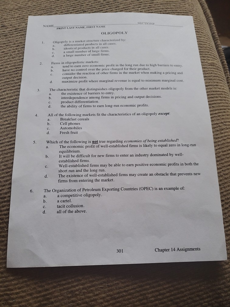 Solved SECTION NAME_ PRINT LAST NAME, FIRST NAME OLIGOPOLY | Chegg.com