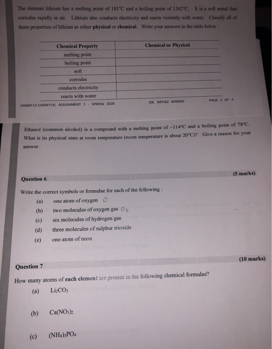 Solved The element lithium has a melting point of 181°C and | Chegg.com