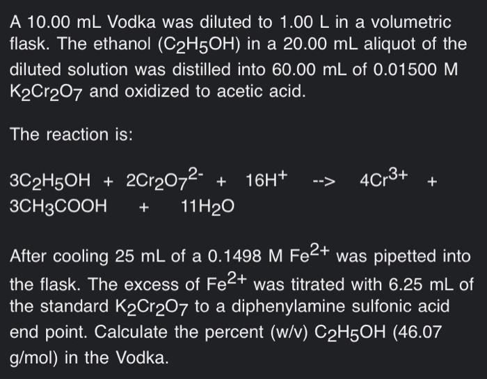 Solved A 10.00 mL Vodka was diluted to 1.00 L in a | Chegg.com
