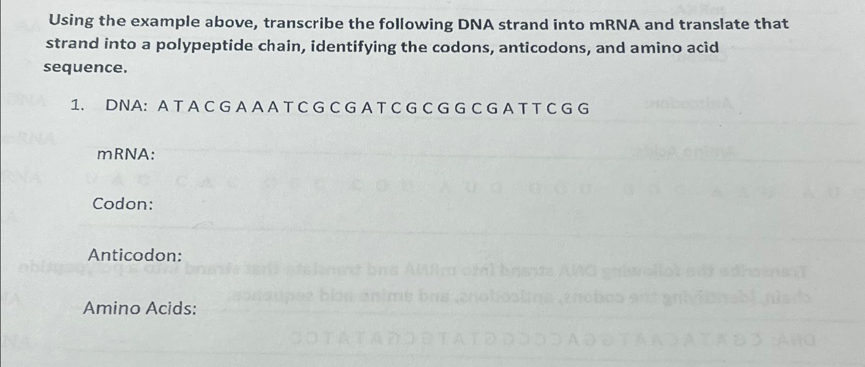 Solved Using the example above, transcribe the following DNA | Chegg.com