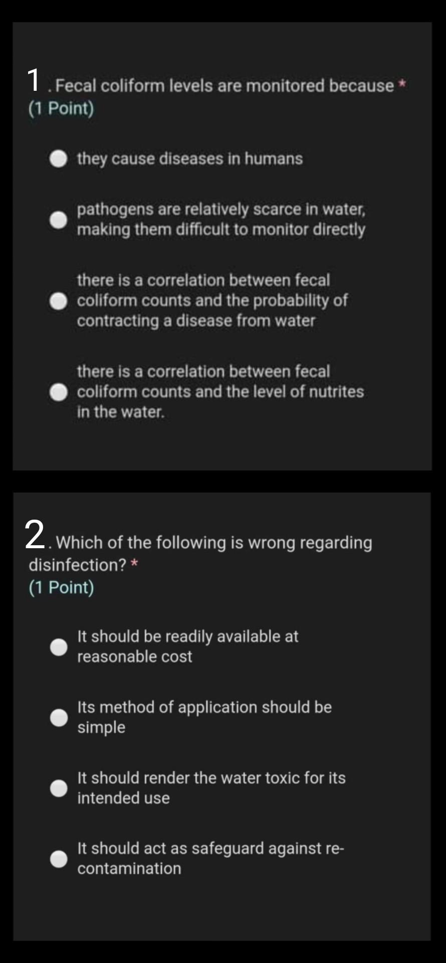Solved 1. Fecal coliform levels are monitored because (1 | Chegg.com