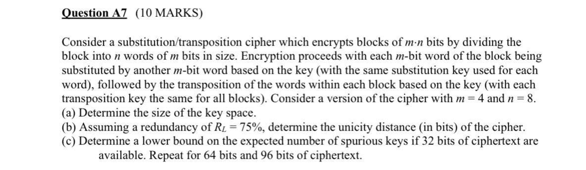 Solved Consider a substitution/transposition cipher which | Chegg.com
