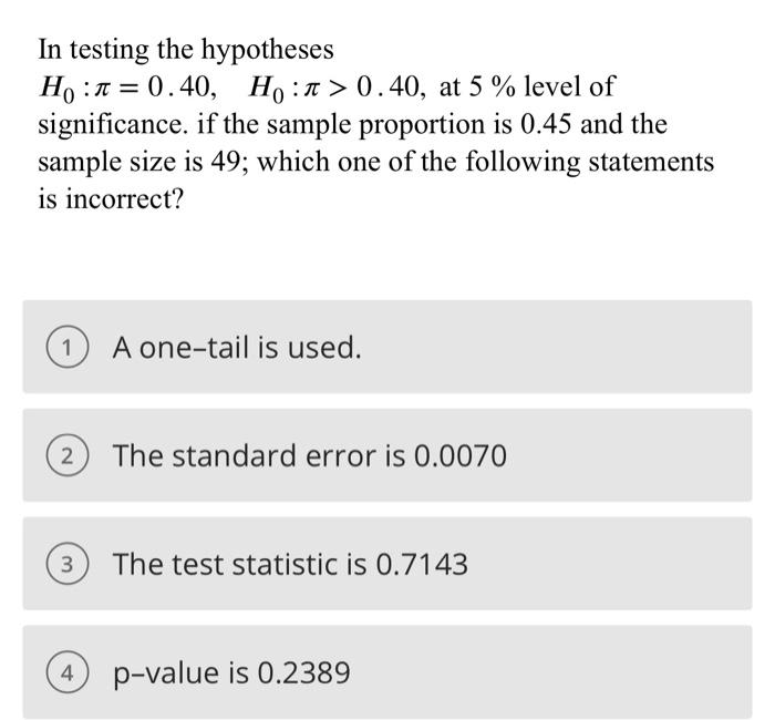 Solved In testing the hypotheses H0:π=0.40,H0:π>0.40, at 5% | Chegg.com