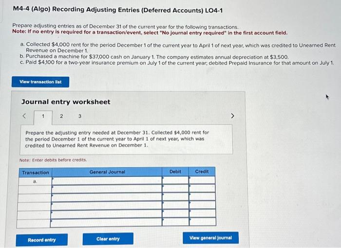 Solved M4-4 (Algo) Recording Adjusting Entries (Deferred | Chegg.com