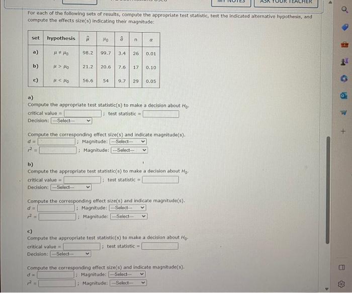 Solved For each of the following sets of results, compute | Chegg.com