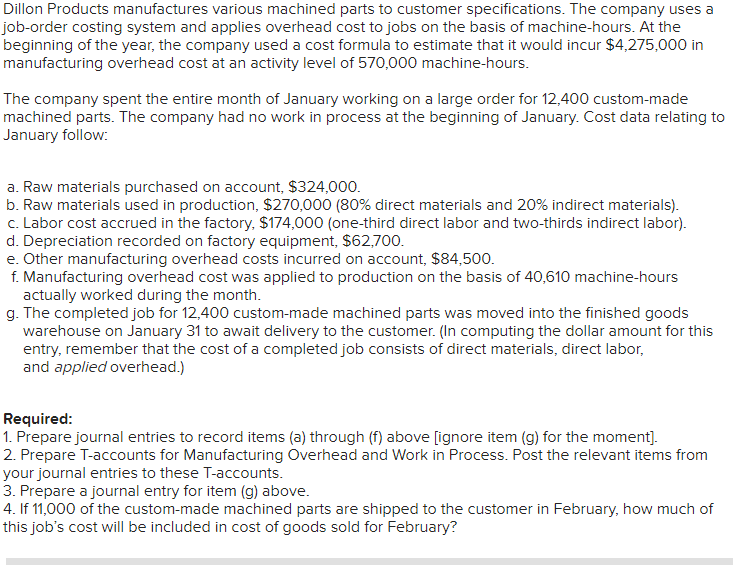 Solved Dillon Products manufactures various machined parts | Chegg.com