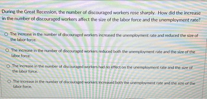 Solved During the Great Recession, the number of discouraged | Chegg.com