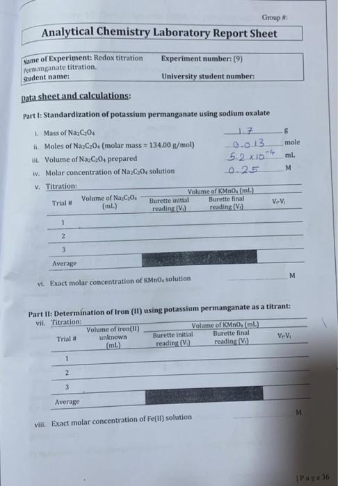 Group : Analytical Chemistry Laboratory Report Sheet | Chegg.com