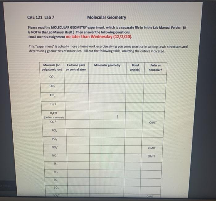 Solved CHE 121 Lab 7 Molecular Geometry Please read the | Chegg.com