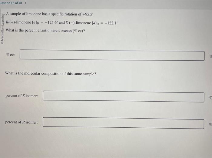 Solved A sample of limonene has a specific rotation of | Chegg.com