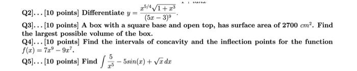 Solved Q2]... [10 points] Differentiate y=(5x−3)9x5/41+x3. | Chegg.com