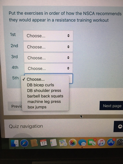 Solved Put the exercises in order of how the NSCA recommends | Chegg.com