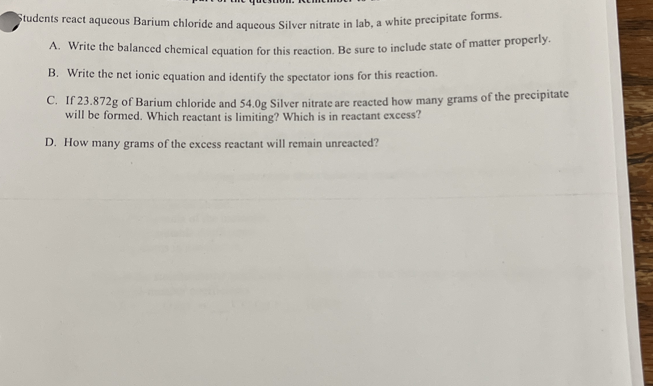 Solved Students react aqueous Barium chloride and aqueous | Chegg.com