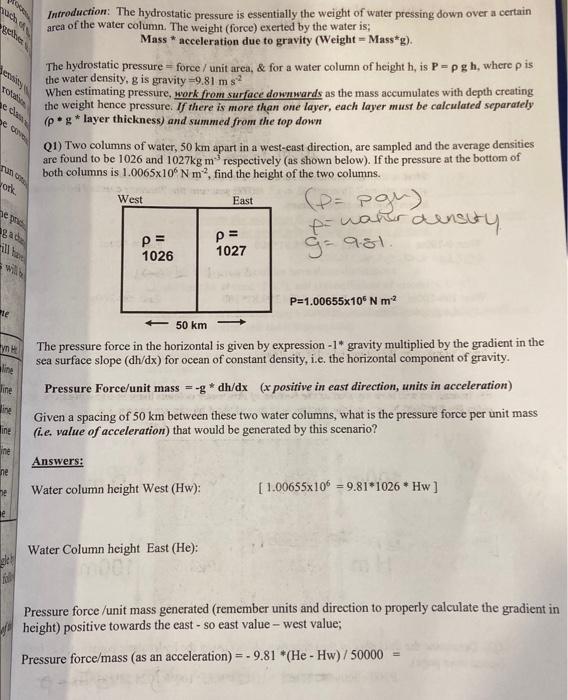 Solved Introduction: The hydrostatic pressure is essentially | Chegg.com