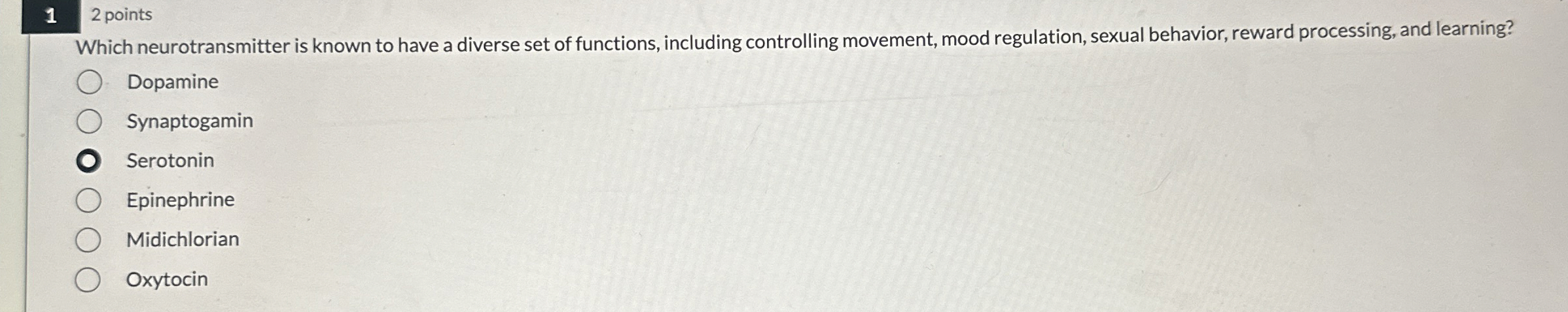 Solved 12 ﻿pointsWhich neurotransmitter is known to have a | Chegg.com
