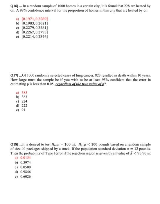 Solved Q16] In a random sample of 1000 homes in a certain | Chegg.com