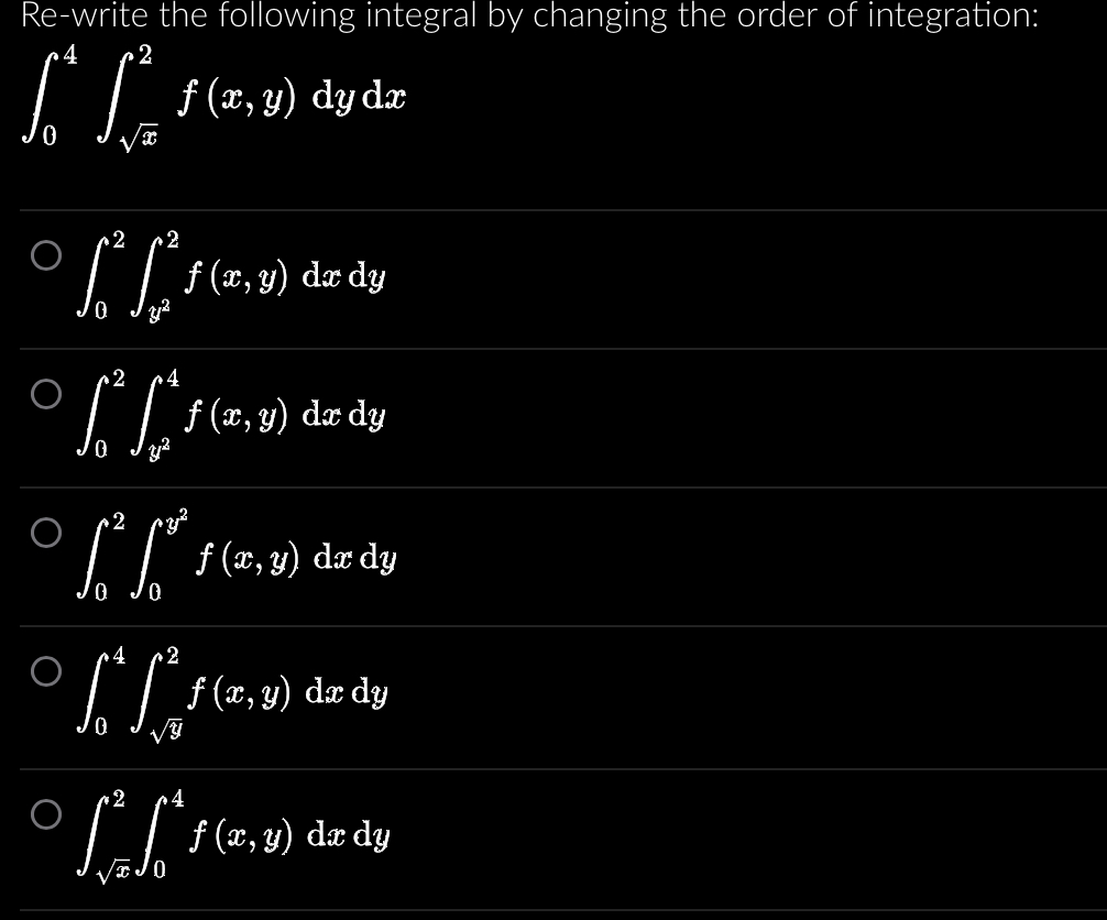Solved Re-write the following integral by changing the order | Chegg.com