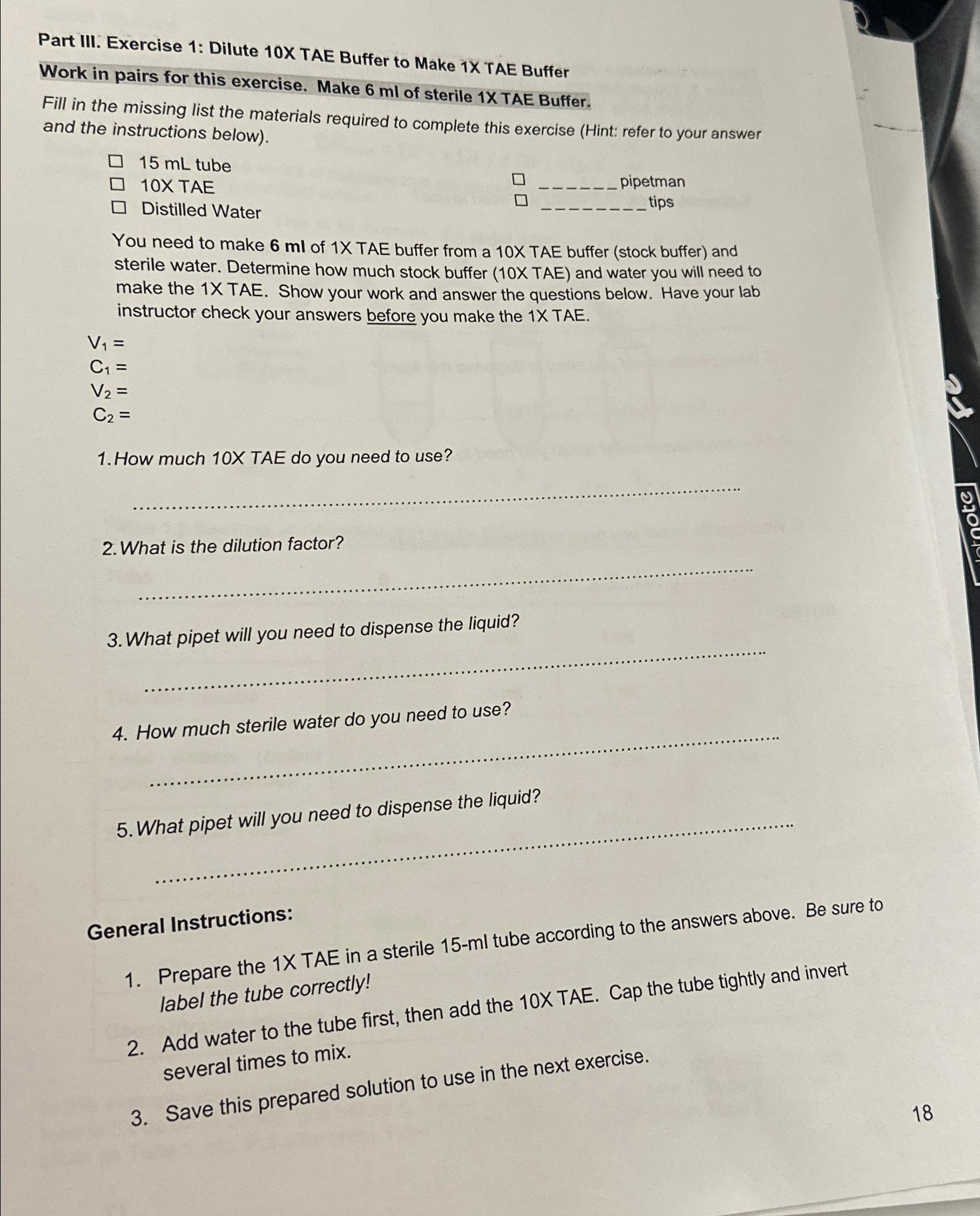 Solved Part III. Exercise 1: Dilute 10X TAE Buffer to Make | Chegg.com