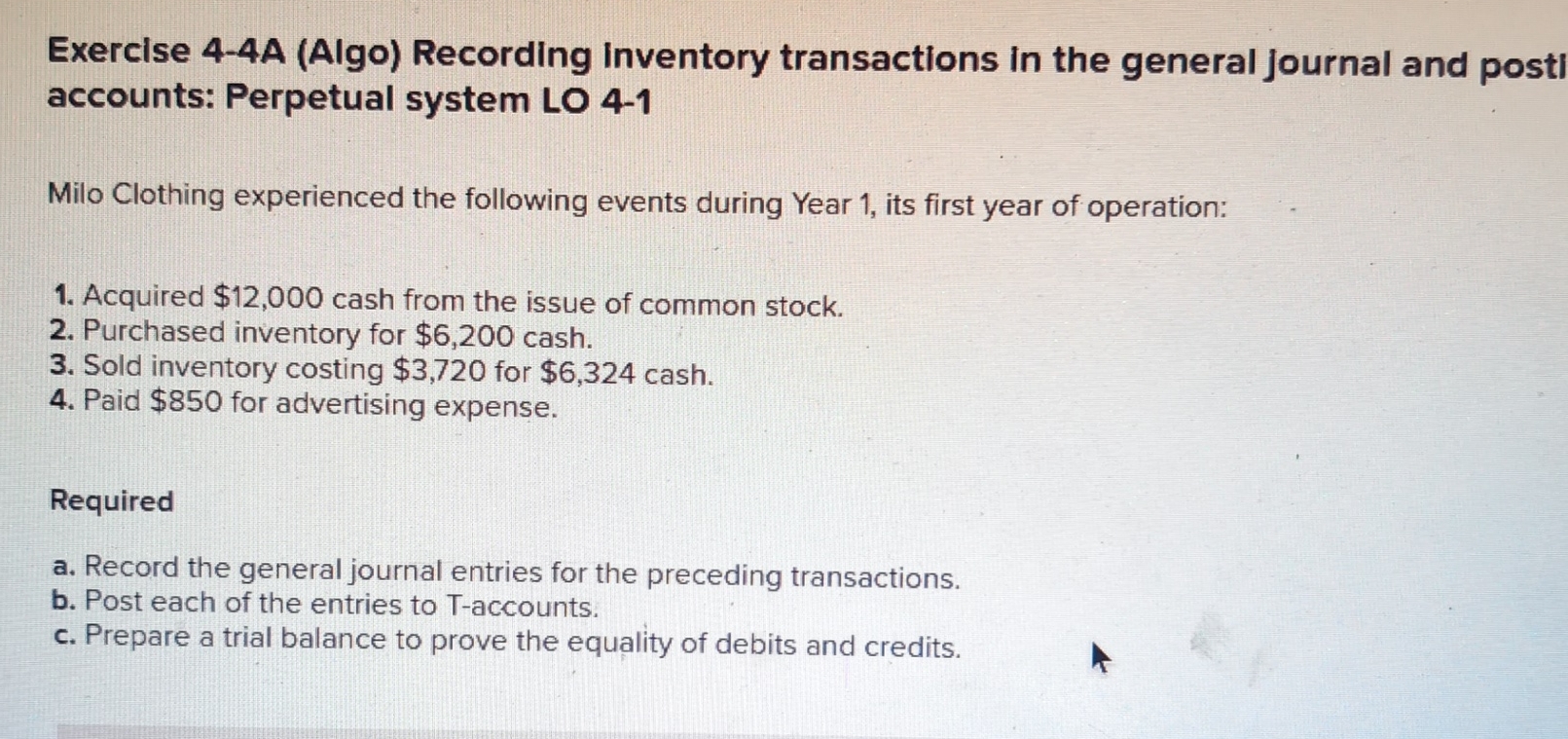 Solved Exercise 4-4A (Algo) ﻿Recording inventory | Chegg.com