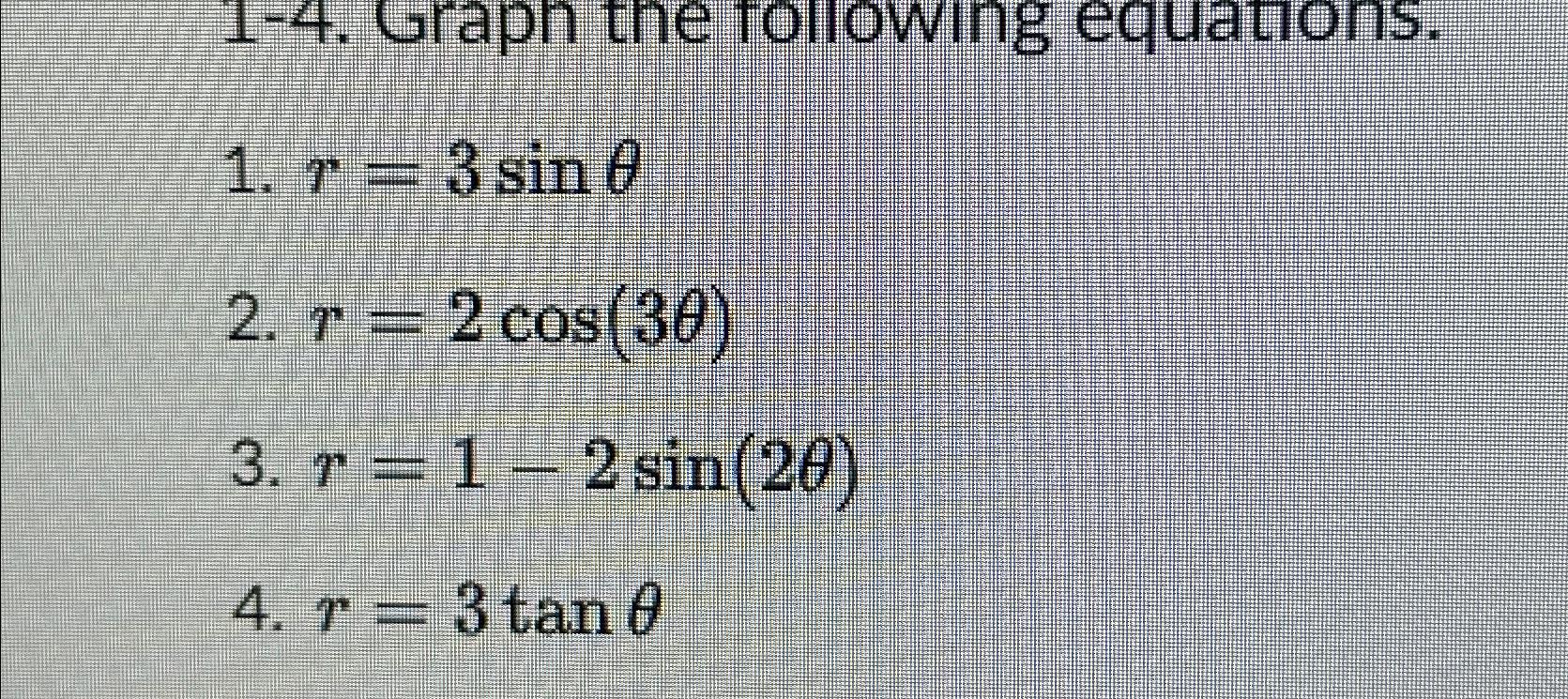 Solved r=3sinθr=2cos(3θ)r=1-2sin(2θ)r=3tanθ | Chegg.com
