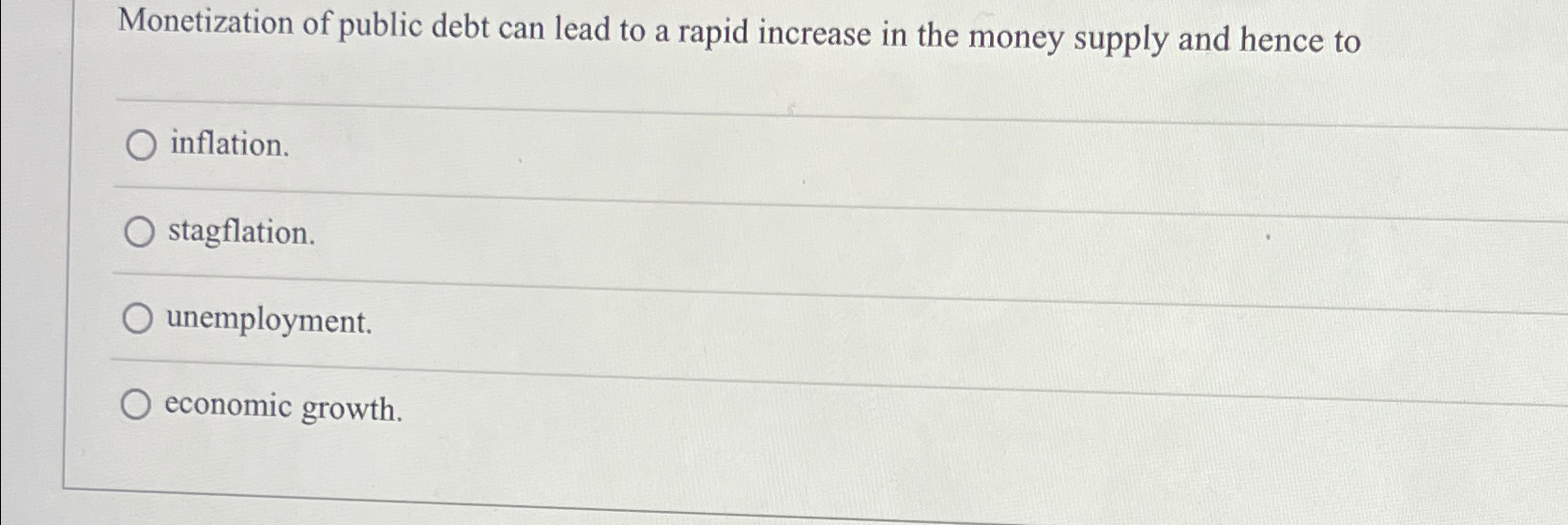 Solved Monetization of public debt can lead to a rapid | Chegg.com