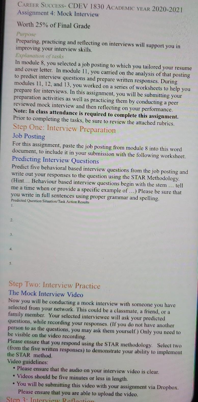 Solved CAREER SUCCESS- CDEV 1830 ACADEMIC YEAR 2020-2021 | Chegg.com