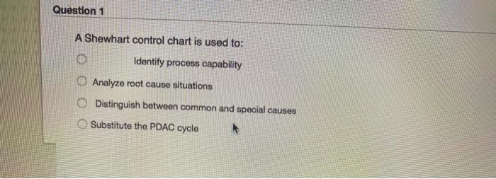 Solved Question 1 A Shewhart control chart is used to: | Chegg.com
