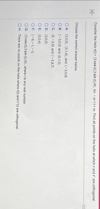 Solved Consider the helix r(t)= 3cos(t),3sin(t),4t , for −∞ | Chegg.com