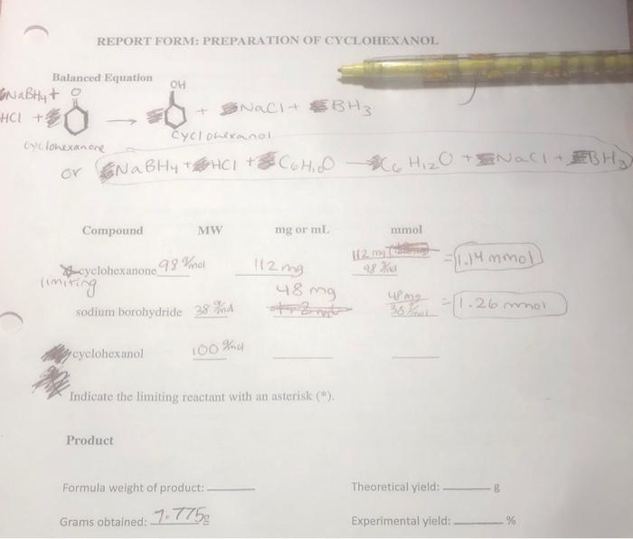 Solved REPORT FORM: PREPARATION OF CYCLOHEXANOL Equation | Chegg.com