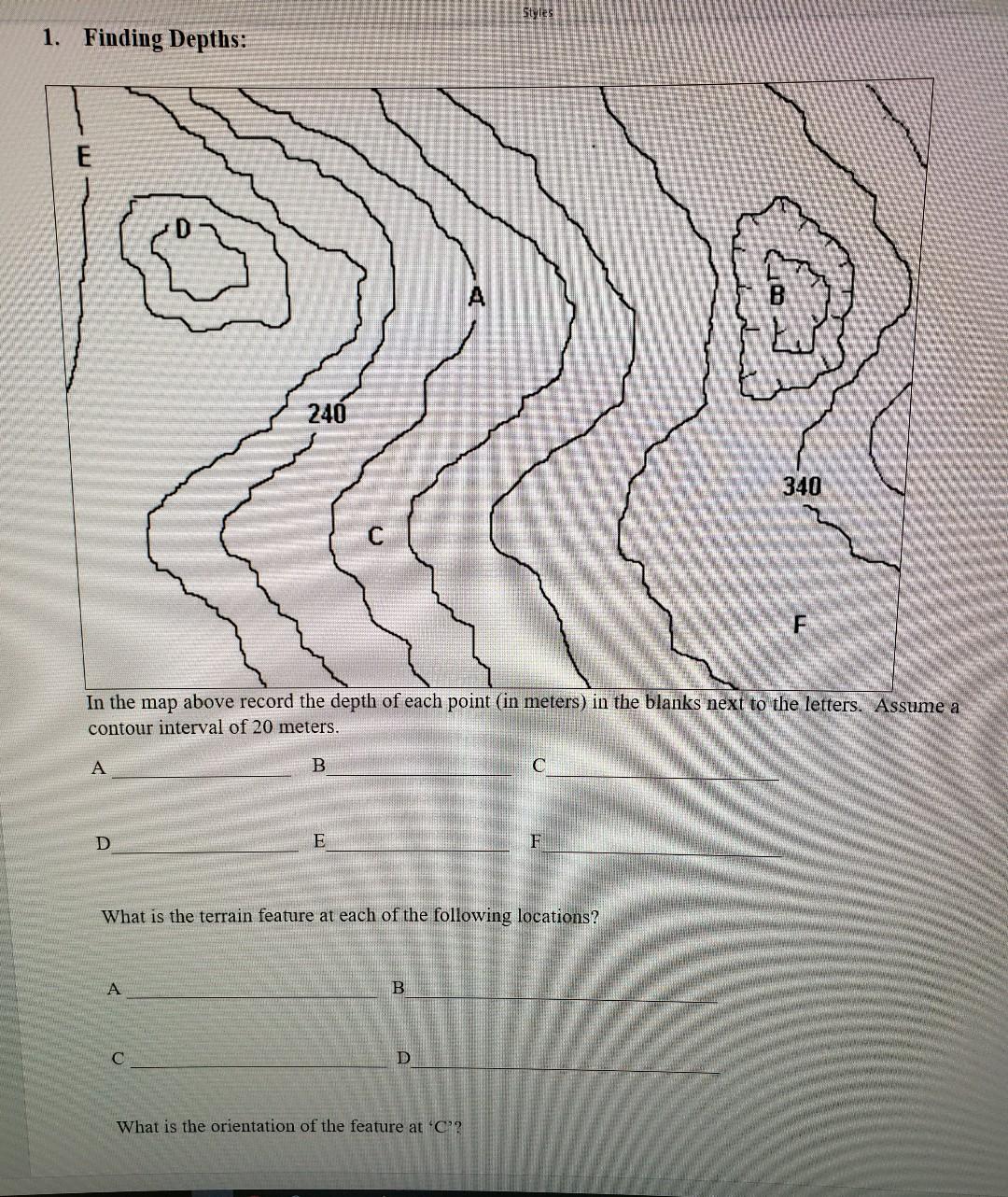 Solved Styles 1. Finding Depths: E B 240 340 F In the map | Chegg.com