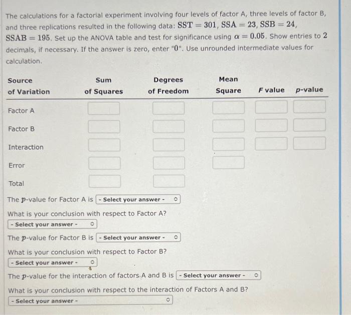 Solved The calculations for a factorial experiment involving | Chegg.com