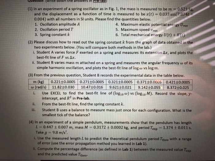 Solved (1) In an experiment of a spring oscillator as in | Chegg.com