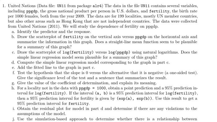 Solved 1. United Nations (Data file: UN11 from package alr4) | Chegg.com