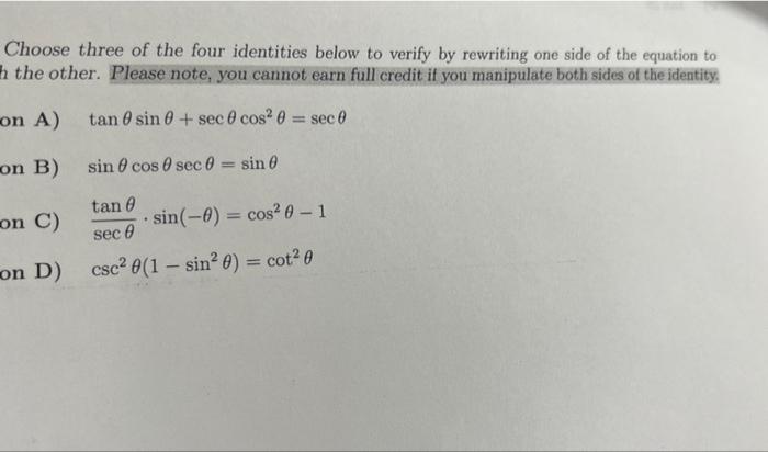 Solved Choose three of the four identities below to verify | Chegg.com