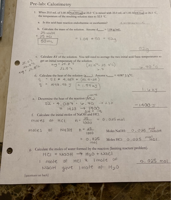 Solved Pre-lab: Calorimetry 1. When 25.0 mL of 1,00 M | Chegg.com