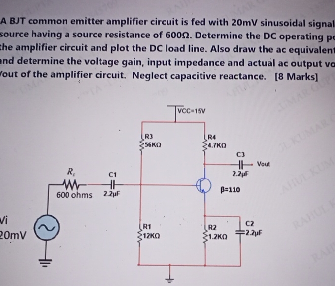 Solved A BJT common emitter amplifier circuit is fed with | Chegg.com