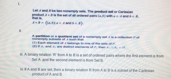 Solved i. Let A and B be two nonempty sets. The product set | Chegg.com