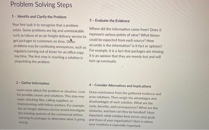 Problem Solving Steps 1. Identify and Clarify the | Chegg.com