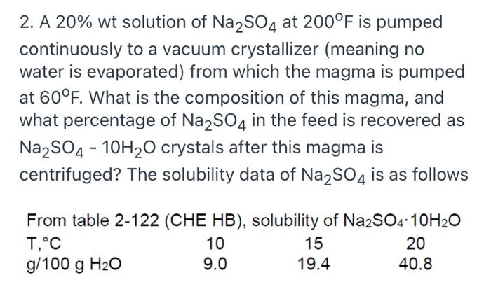 Solved 2. A 20% wt solution of Na2SO4 at 200°F is pumped | Chegg.com