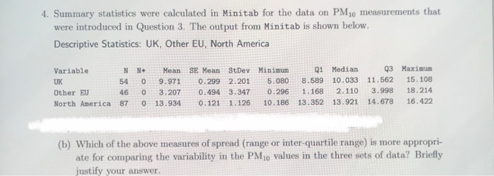 Solved 4. Summary statistics were calculated in Minitab for | Chegg.com