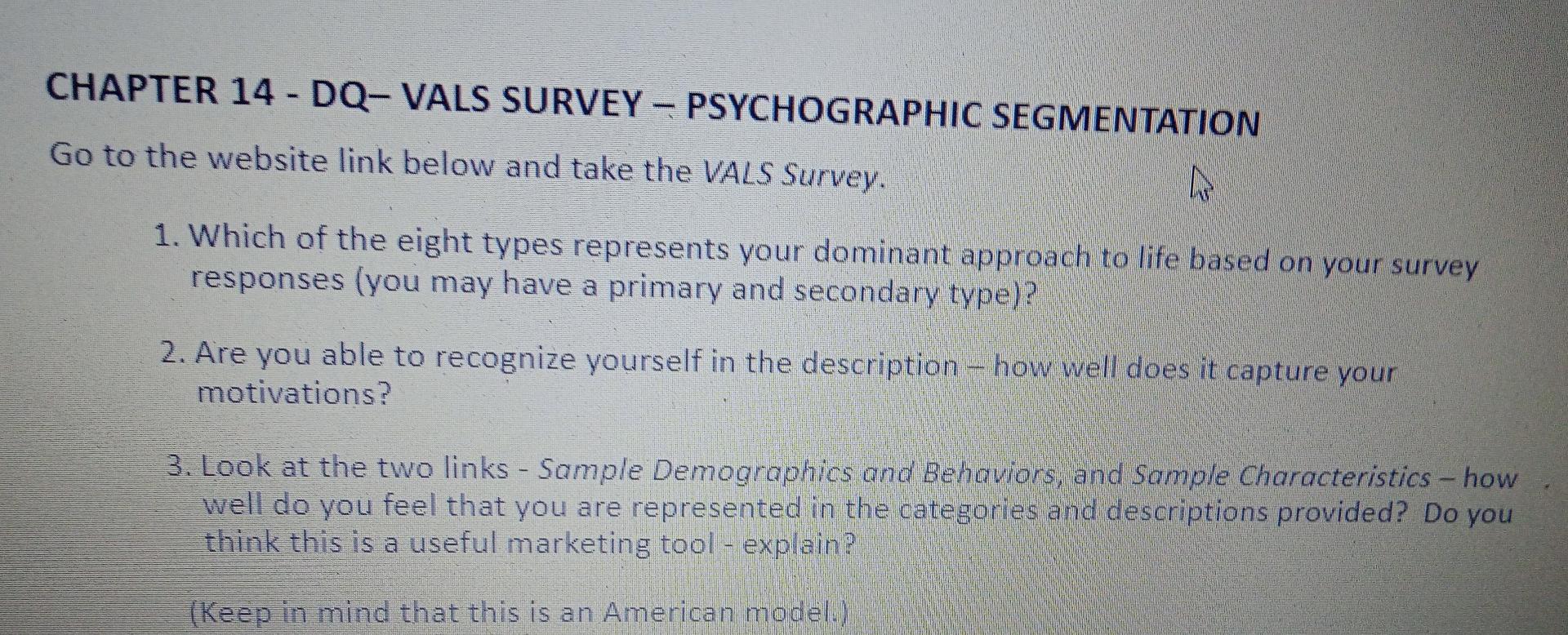 Solved CHAPTER 14 - DQ-VALS SURVEY - PSYCHOGRAPHIC | Chegg.com