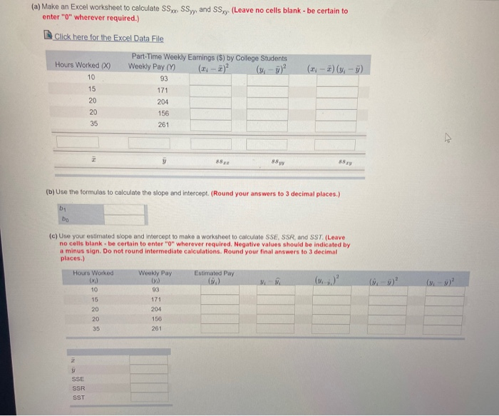 Solved a Make An Excel Worksheet To Calculate SS Enter 0 Chegg