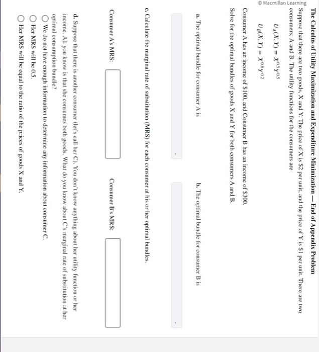 Solved The Calculus of Utility Maximization and Expenditure | Chegg.com