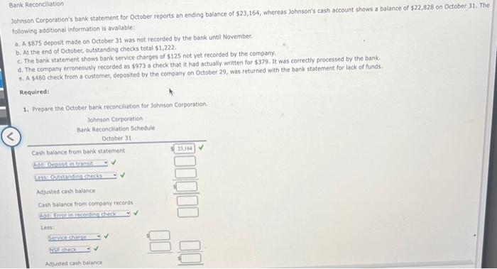 Solved Johnson Corporation's bank statement for October | Chegg.com