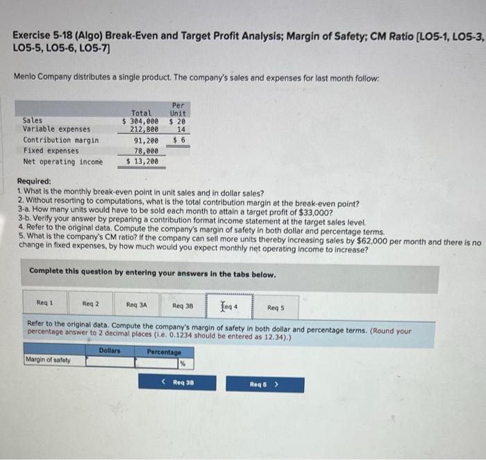 Solved Exercise 5-18 (Algo) Break-Even and Target Profit | Chegg.com