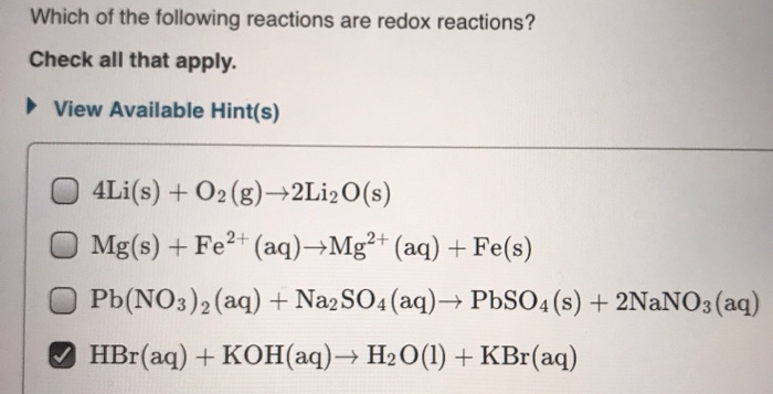 Solved Which of the following reactions are redox reactions? | Chegg.com